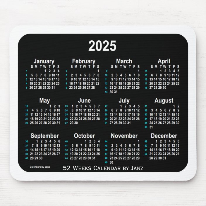 2025 Black Neon 52 Weeks Calendar by Janz Mouse Pad | Zazzle.com