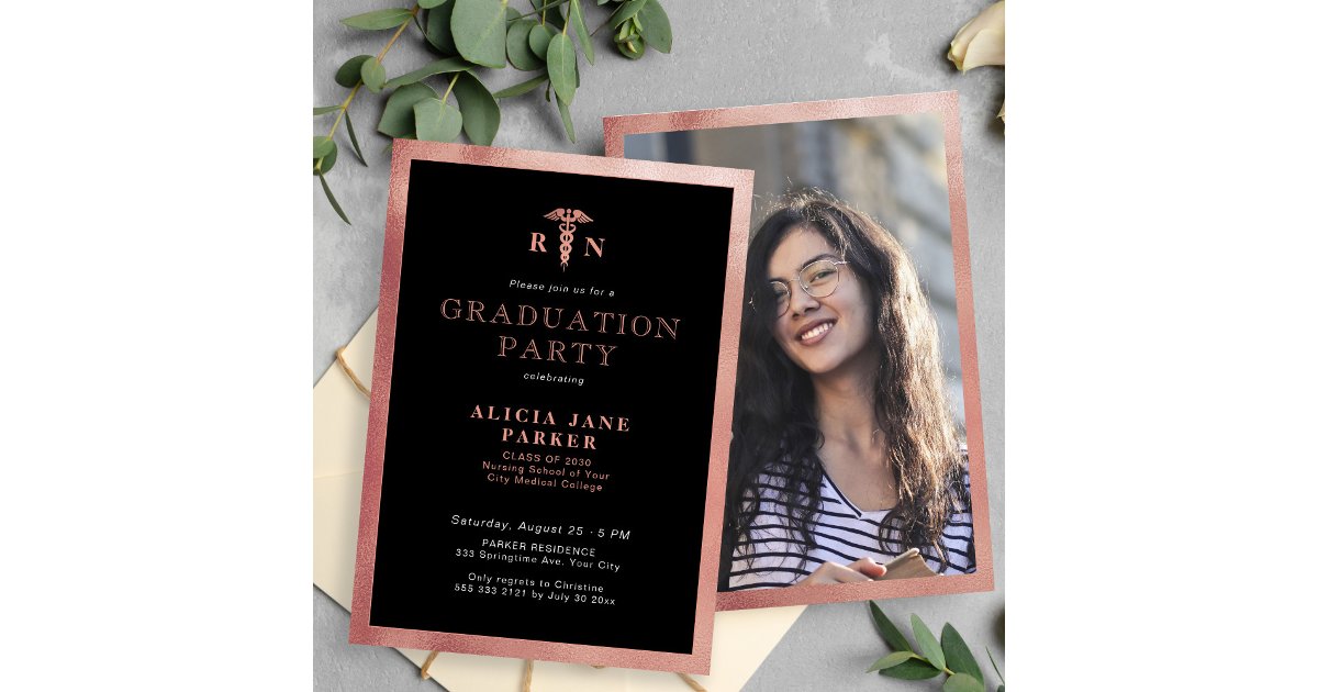 2025 black rose gold RN nurse graduation party Invitation | Zazzle