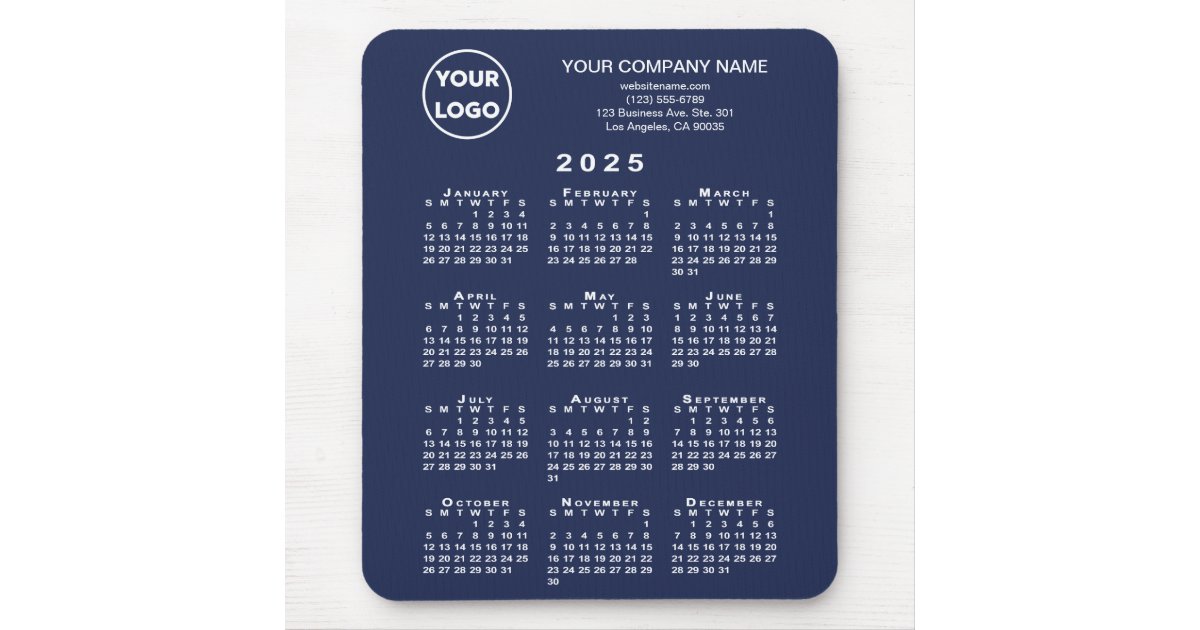 2025 Calendar Business Logo and Text on Navy Blue Mouse Pad | Zazzle