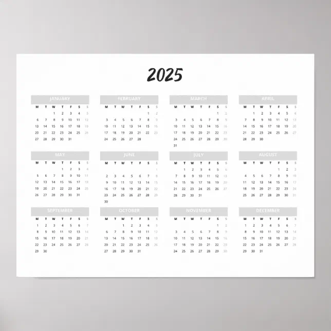 2025 Calendar By Month Home School Office Wall Poster | Zazzle