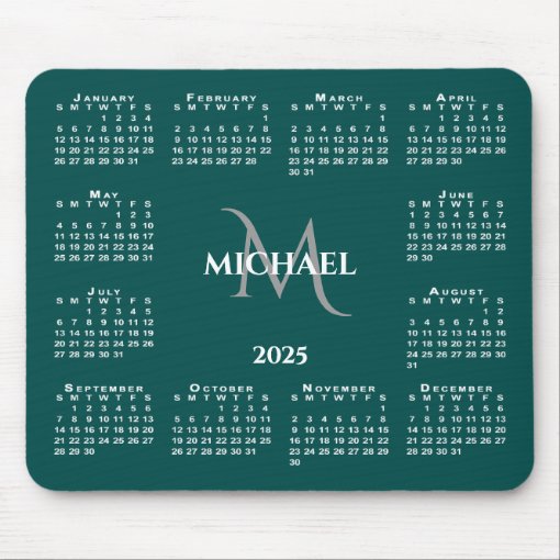 2025 Calendar Chic Monogram Name on Teal Mouse Pad | Zazzle