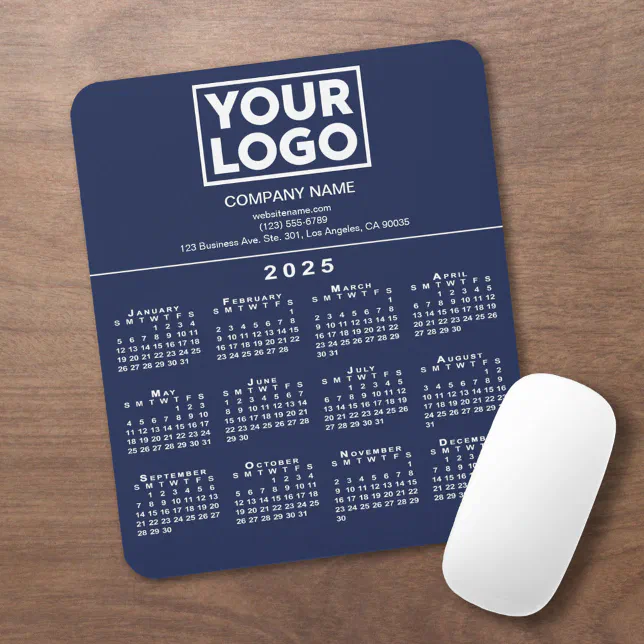 2025 Calendar Company Logo and Text on Navy Blue Mouse Pad | Zazzle