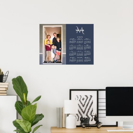 2025 Calendar Custom Photo Monogram Name Navy Blue Poster | Zazzle