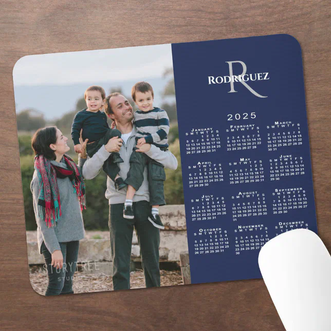 2025 Calendar Custom Photo Monogram Name Navy Mouse Pad | Zazzle