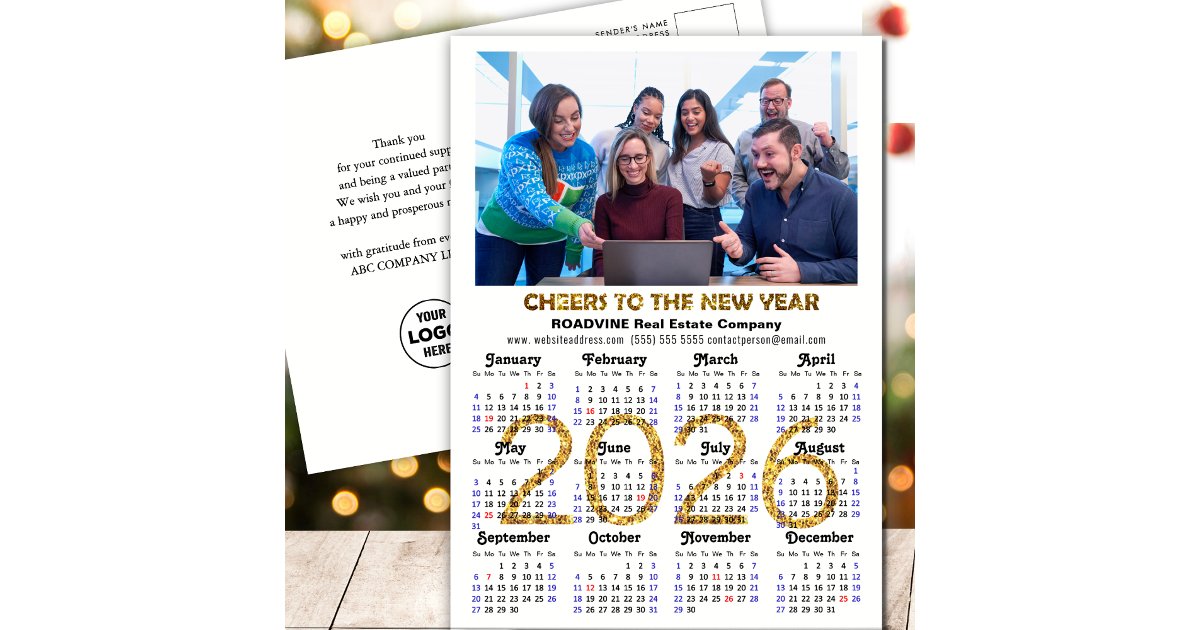 2025 Calendar Festive Gold Glitter Corporate Photo Holiday Postcard ...