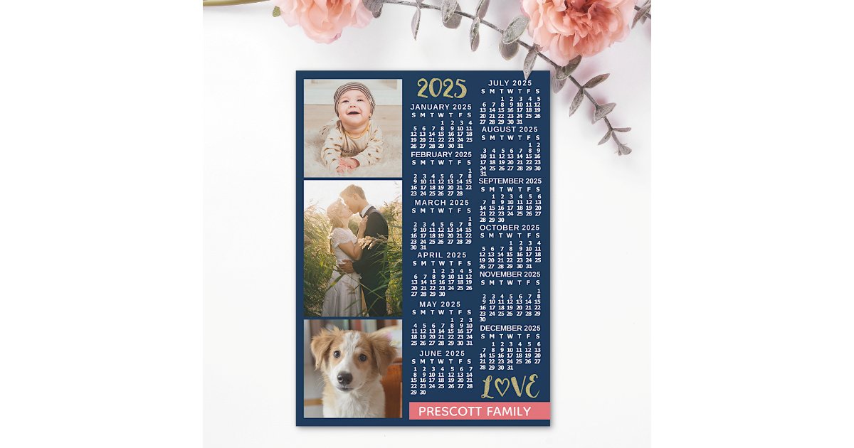 2025 Calendar Navy Coral Gold Photo Collage Magnet | Zazzle