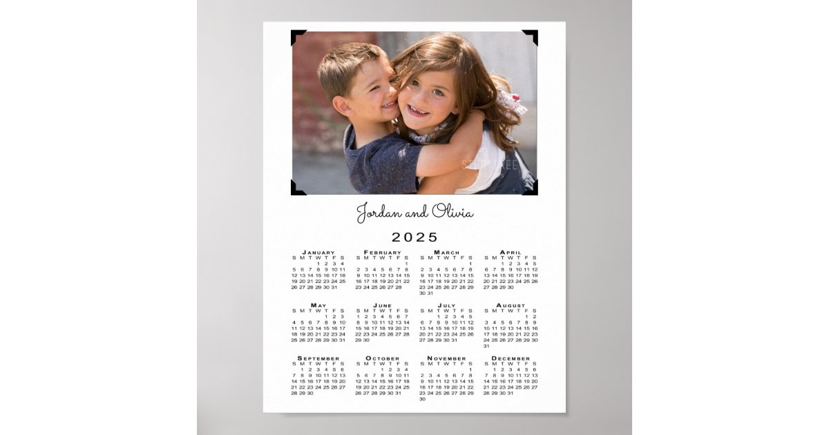 2025 Calendar with Your Photo and Name on White Poster | Zazzle