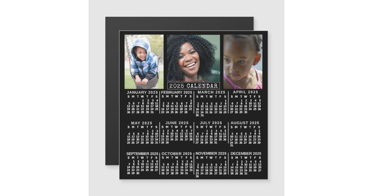 2025 Calendar Year Black | 3 Custom Photo Collage Magnetic Invitation ...