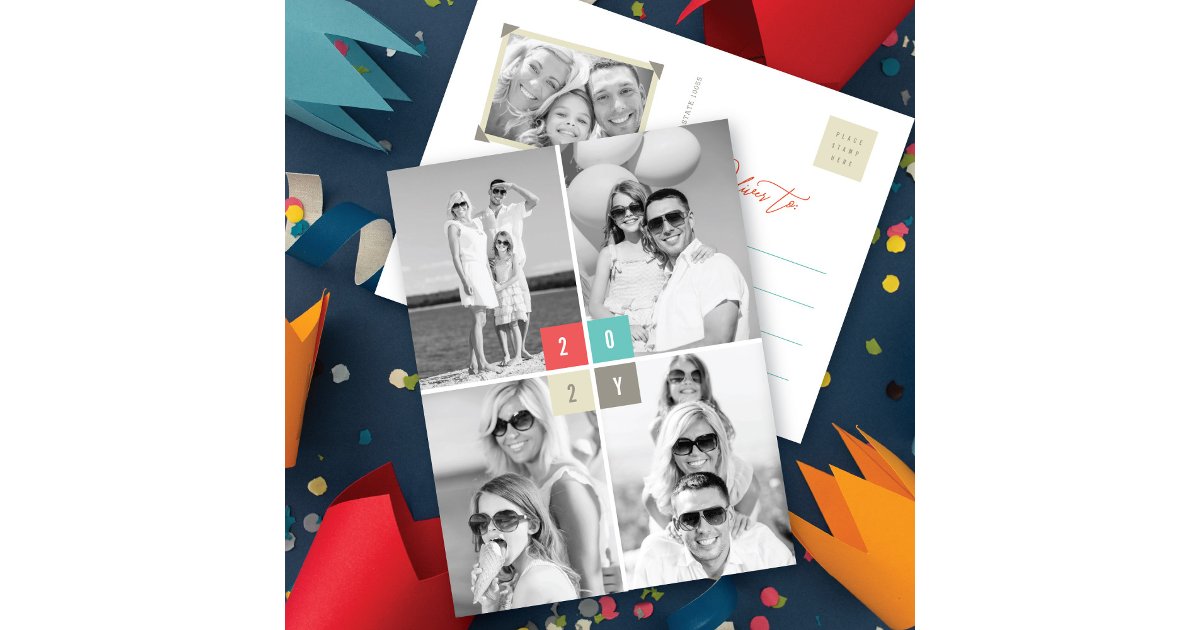 2025 Color Blocks Modern New Year 4 Photo Collage Holiday Postcard | Zazzle