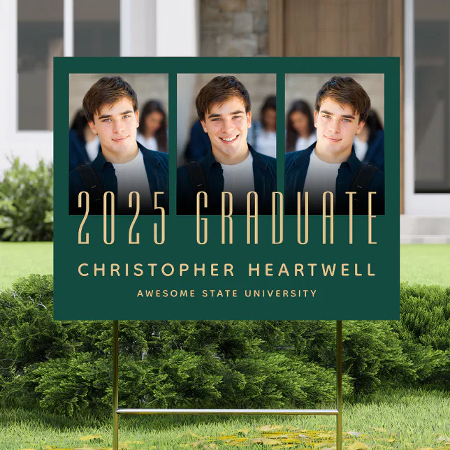 2025 Graduate 3-Photo Green Gold Simple Yard Sign | Zazzle