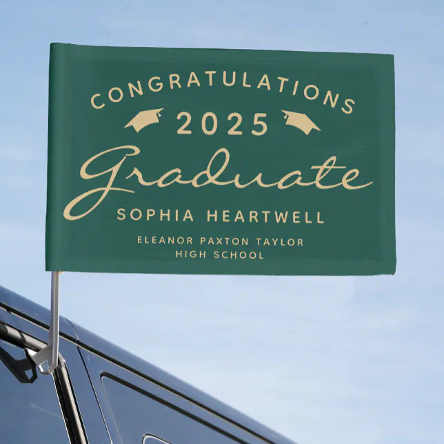 2025 Green Gold Script Caps Graduation Car Flag | Zazzle