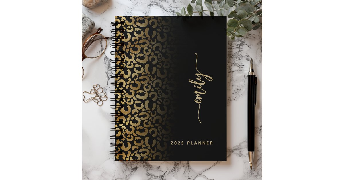 2025 Personalized Black Gold Leopard Spots Planner | Zazzle