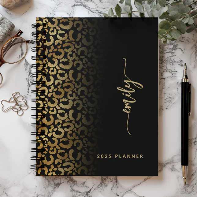 2025 Personalized Black Gold Leopard Spots Planner | Zazzle