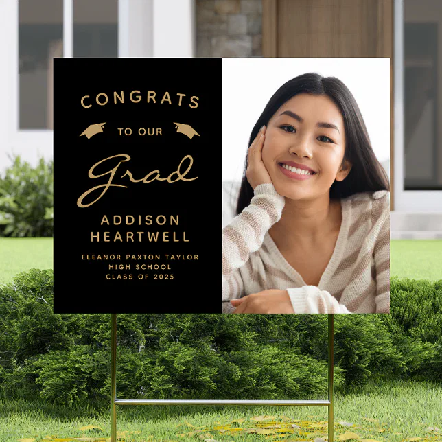 2025 Photo Black and Gold Graduation Yard Sign | Zazzle