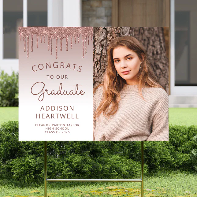 2025 Photo Rose Gold Glitter Drip Graduation Yard Sign | Zazzle