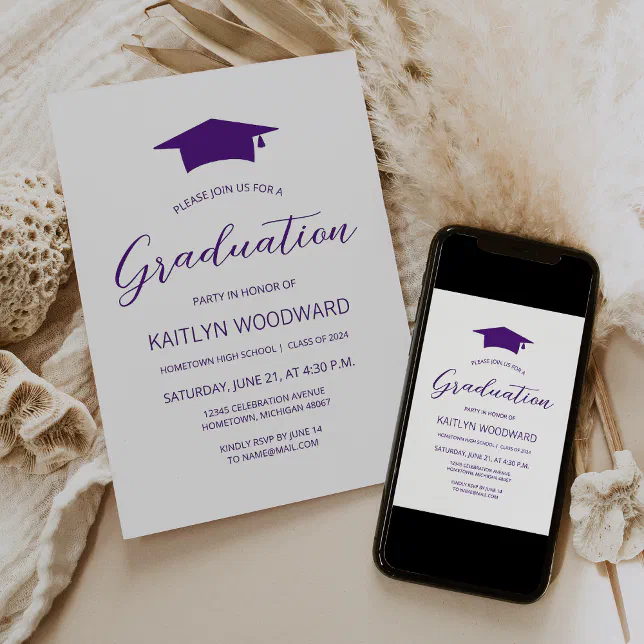 2025 Purple Cap Modern Graduation Party Invitation | Zazzle
