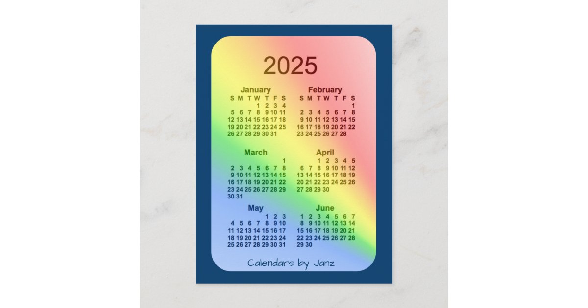 2025 Rainbow Blue 6 Month Mini Calendar by Janz Postcard | Zazzle