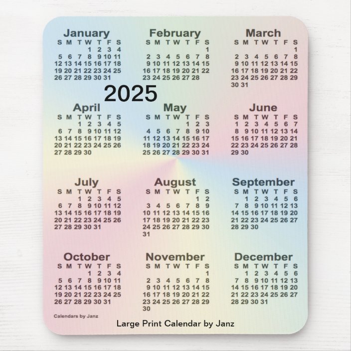 2025 Rainbow Cloud Large Print Calendar by Janz Mouse Pad | Zazzle