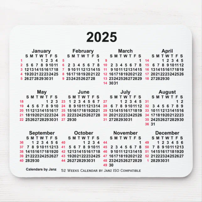 2025 White 52 Weeks ISO Calendar by Janz Mouse Pad | Zazzle