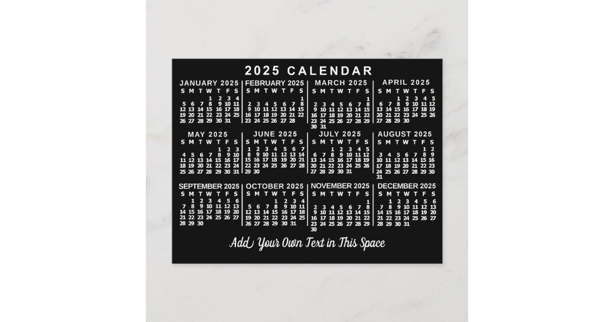 2025 Year Monthly Calendar Classic Black and White Postcard | Zazzle