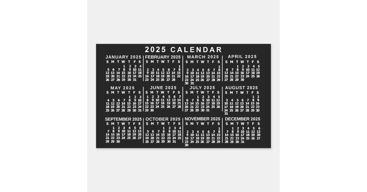 2025 Year Monthly Calendar Classic Black and White Rectangular Sticker ...