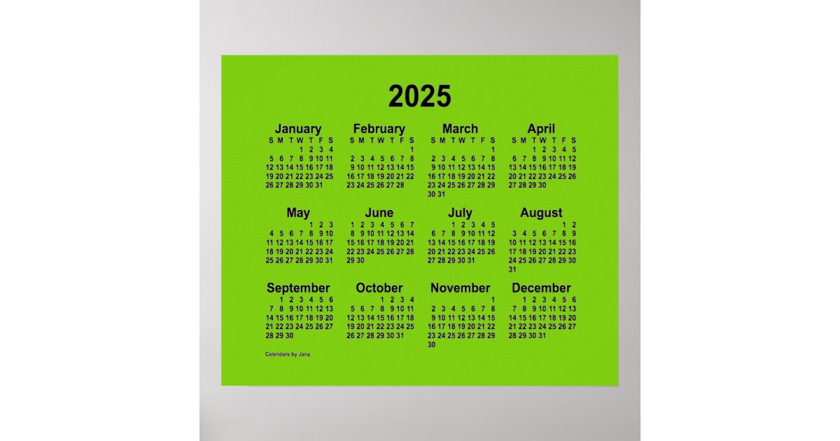 2025 Yellow Green Calendar by Janz Print | Zazzle