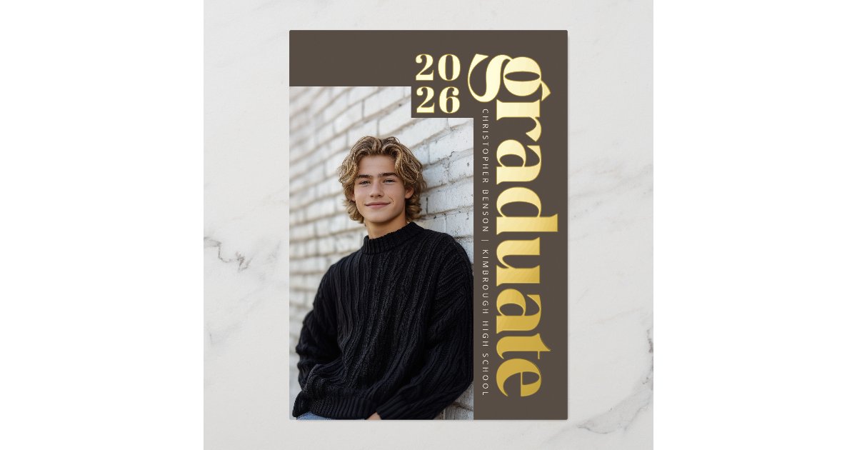 2026 Modern Brown Graduate Photo Graduation Gold Foil Invitation | Zazzle