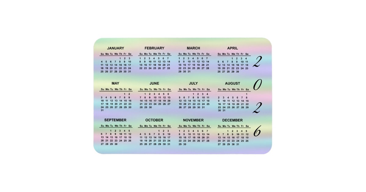 2026 Pastel Rainbow Holographic Calendar Magnet | Zazzle