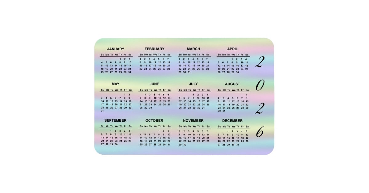 2026 Pastel Rainbow Holographic Calendar Magnet | Zazzle