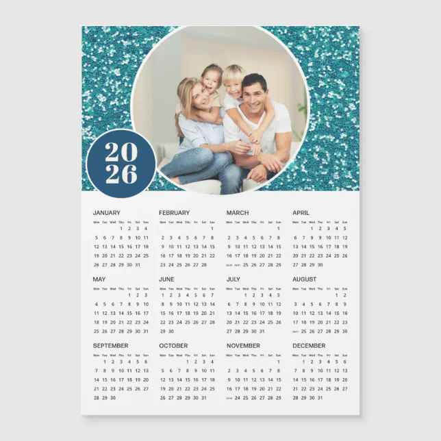 2026 Sparkly Blue Custom Photo Magnetic Calendar | Zazzle