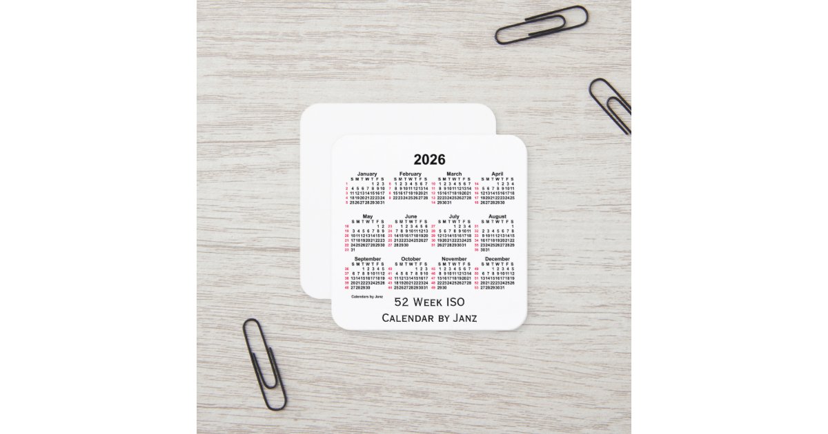 2026 White 52 Week ISO Calendar by Janz Square Business Card | Zazzle