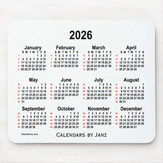 2026 White 52 Weeks Calendar by Janz Mouse Pad | Zazzle