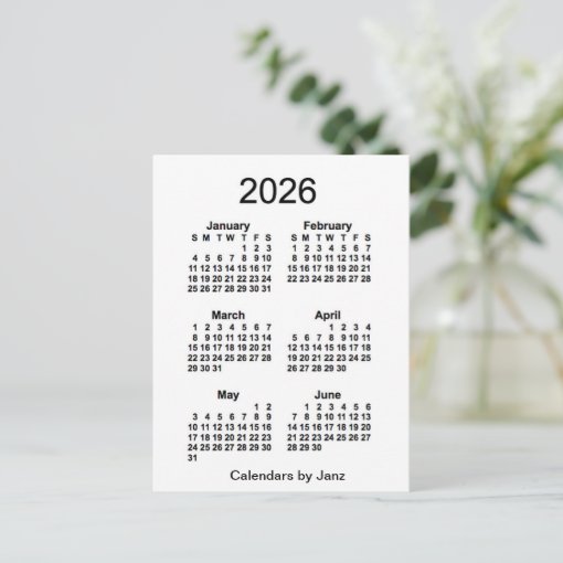 2026 White 6 Month Mini Calendar by Janz Postcard | Zazzle
