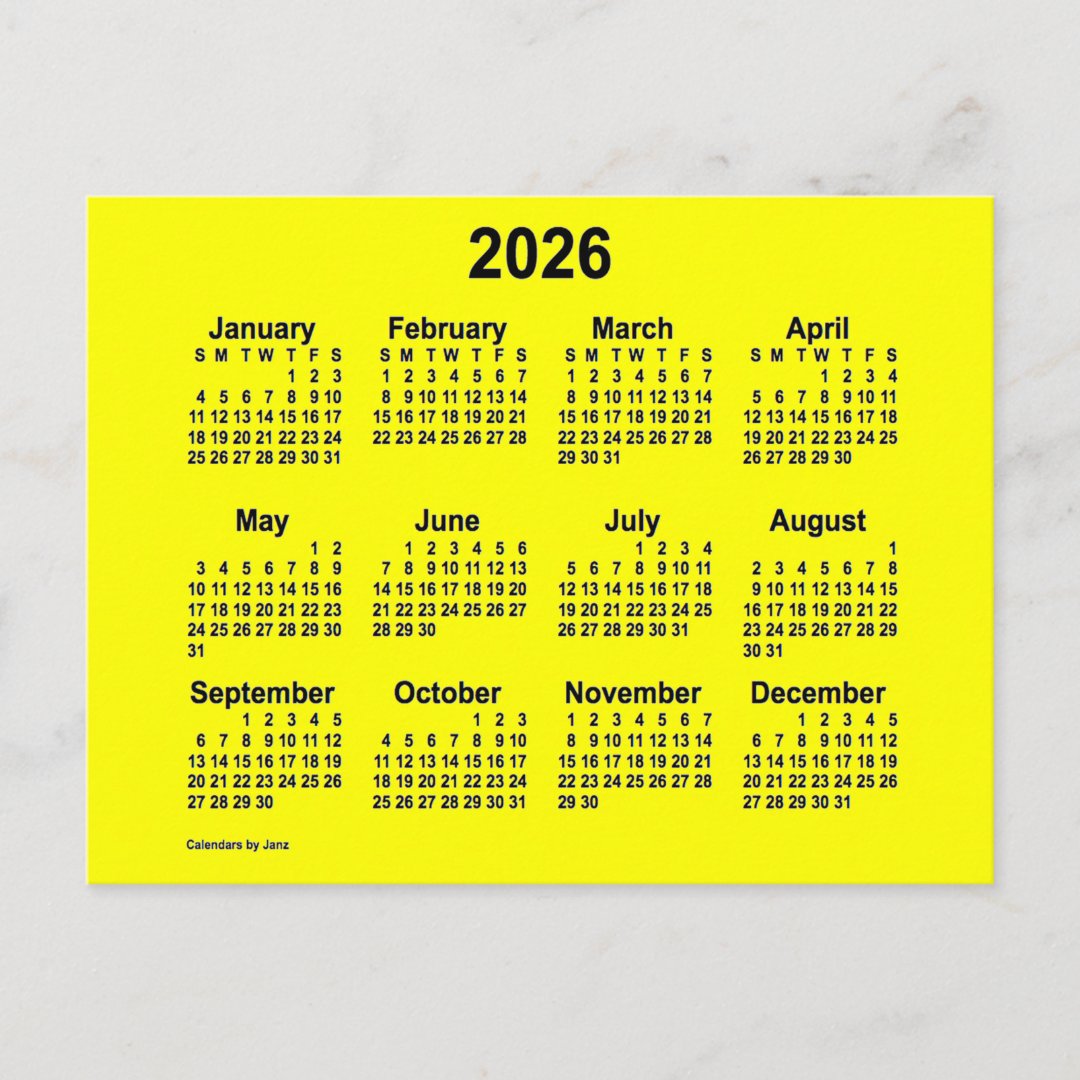 2026 Yellow Mini Calendar by Janz Postcard | Zazzle
