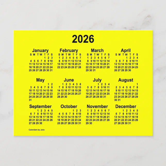 2026 Yellow Mini Calendar by Janz Postcard | Zazzle