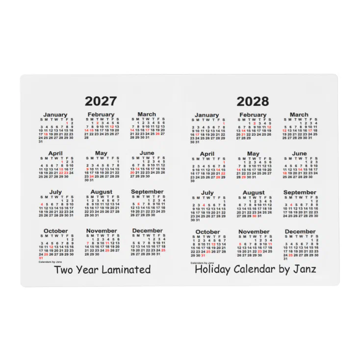 2027-2028 White 2 Year Holiday Calendar by Janz Placemat | Zazzle