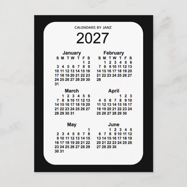 2027 Black 6 Month Mini Calendar by Janz Postcard | Zazzle