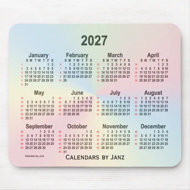 2027 Rainbow Cloud 52 Weeks Calendar by Janz Mouse Pad | Zazzle