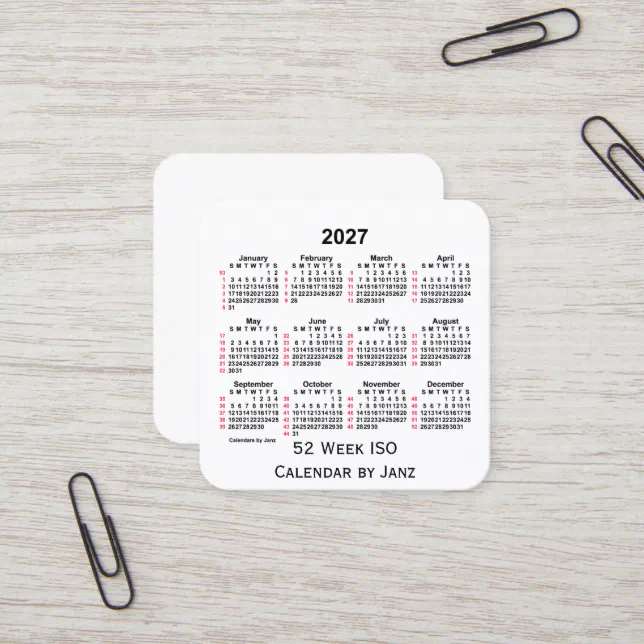 2027 White 52 Week ISO Calendar by Janz Square Business Card | Zazzle