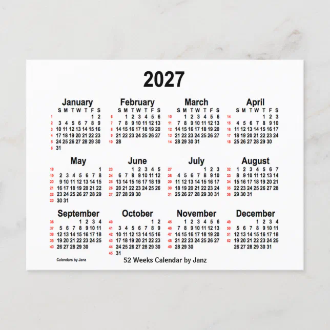 2027 White 52 Weeks Calendar by Janz Postcard | Zazzle
