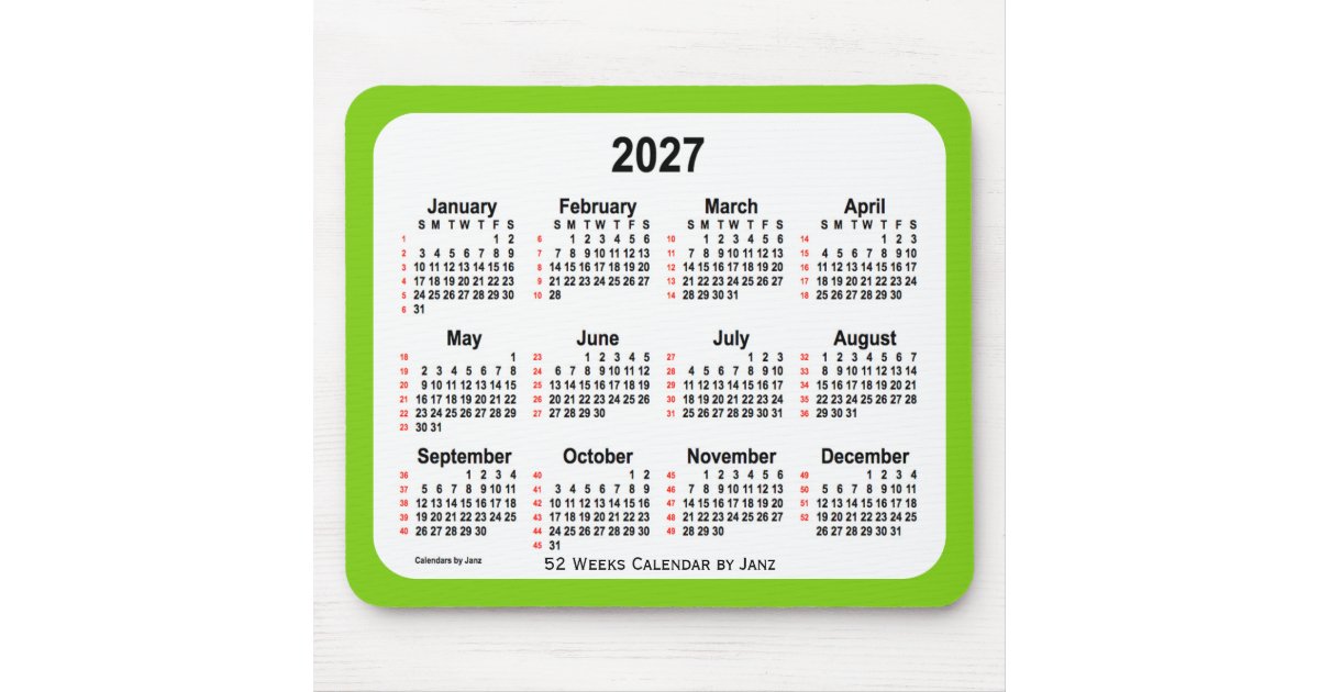 2027 Yellow Green 52 Weeks Calendar by Janz Mouse Pad | Zazzle