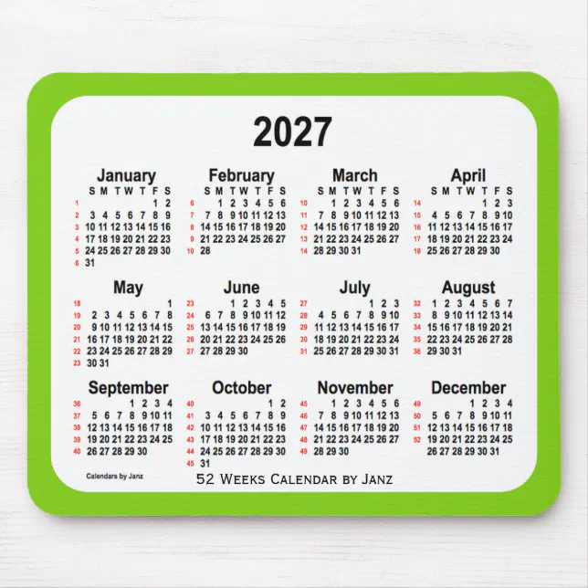 2027 Yellow Green 52 Weeks Calendar by Janz Mouse Pad | Zazzle