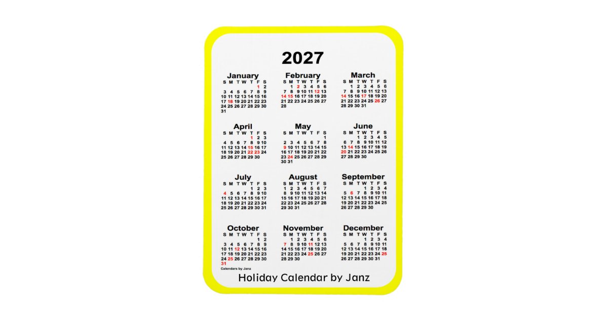 2027 Yellow Holiday Calendar by Janz Magnet | Zazzle