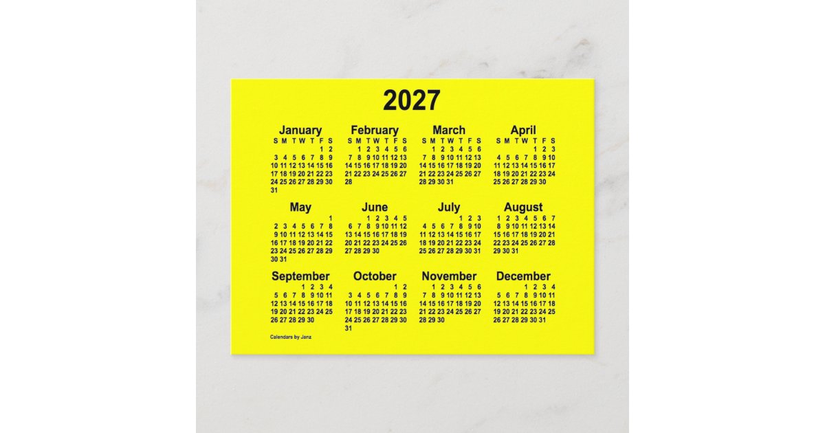 2027 Yellow Mini Calendar by Janz Postcard | Zazzle