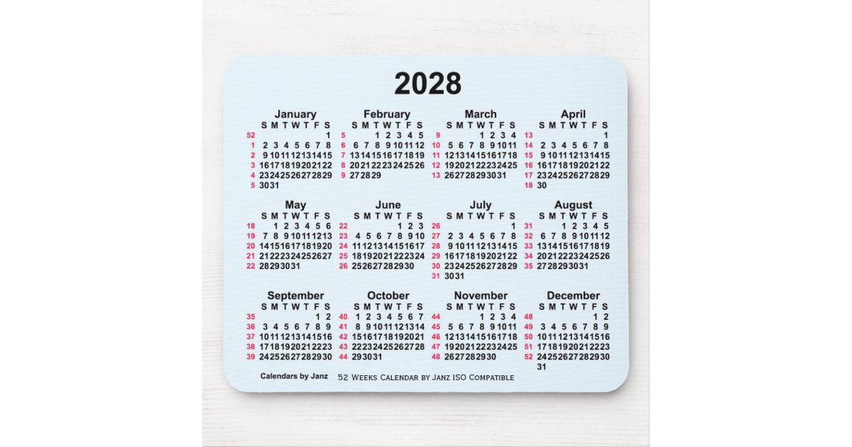 2028 Alice Blue 52 Weeks ISO Calendar by Janz Mouse Pad | Zazzle