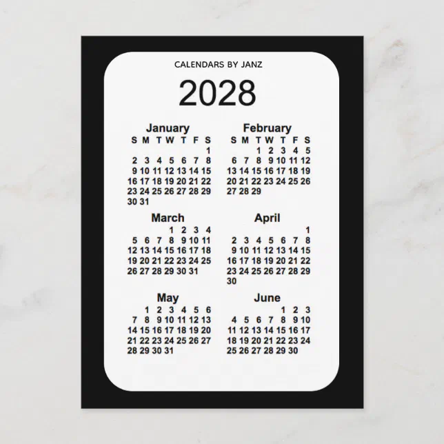 2028 Black 6 Month Mini Calendar by Janz Postcard | Zazzle