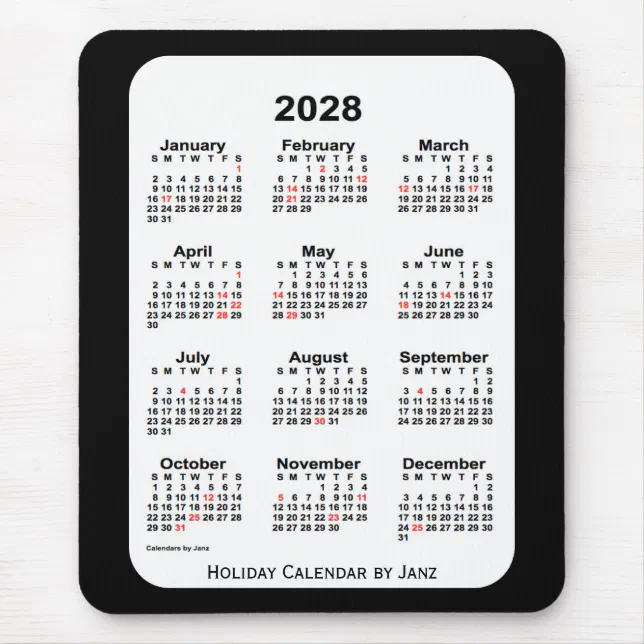 2028 Holiday Two Tone Black Calendar by Janz Mouse Pad | Zazzle