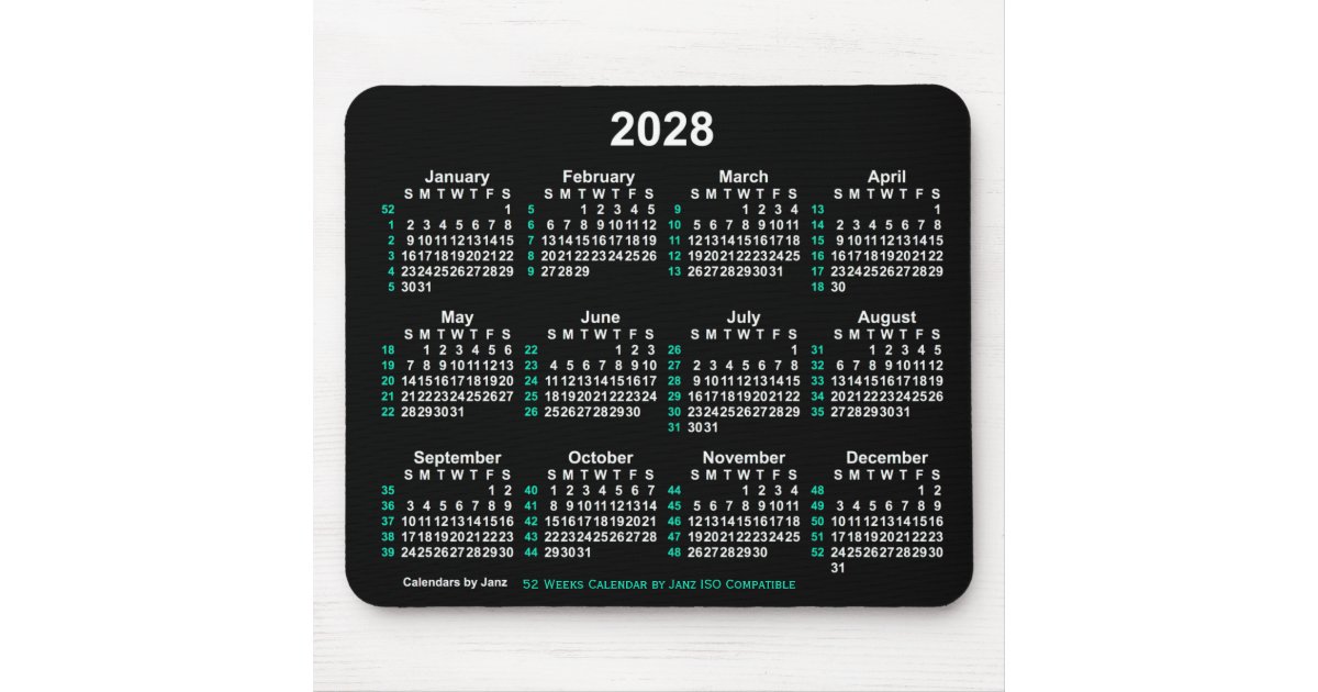 2028 Neon White 52 Weeks ISO Calendar by Janz Mouse Pad | Zazzle