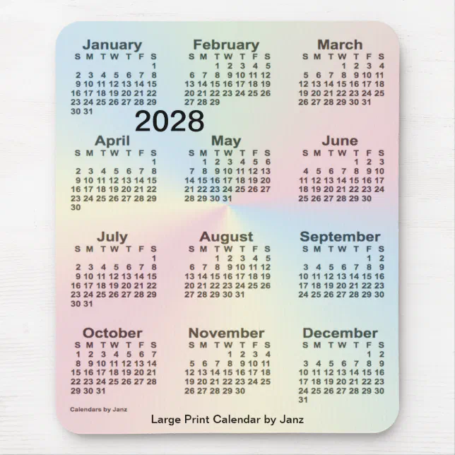 2028 Rainbow Cloud Large Print Calendar by Janz Mouse Pad | Zazzle