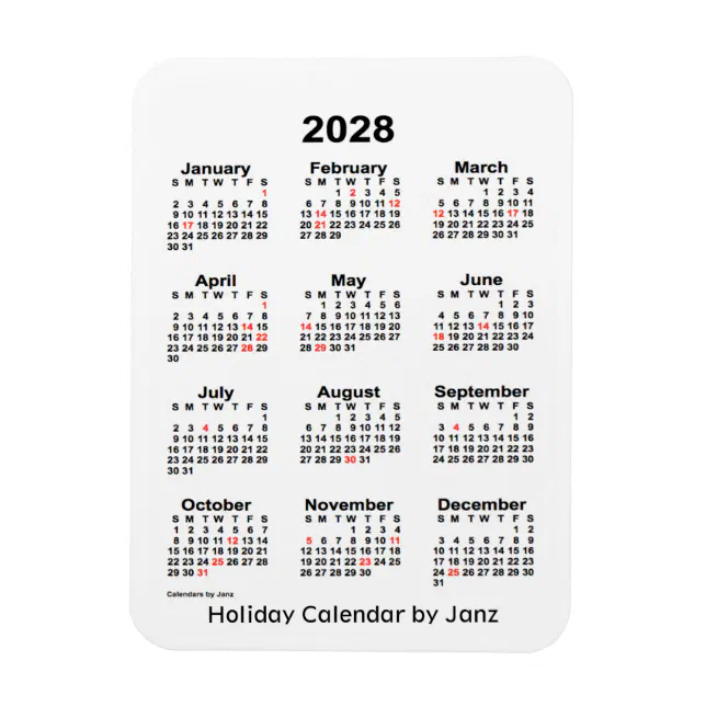 2028 White Holiday Calendar by Janz Magnet | Zazzle